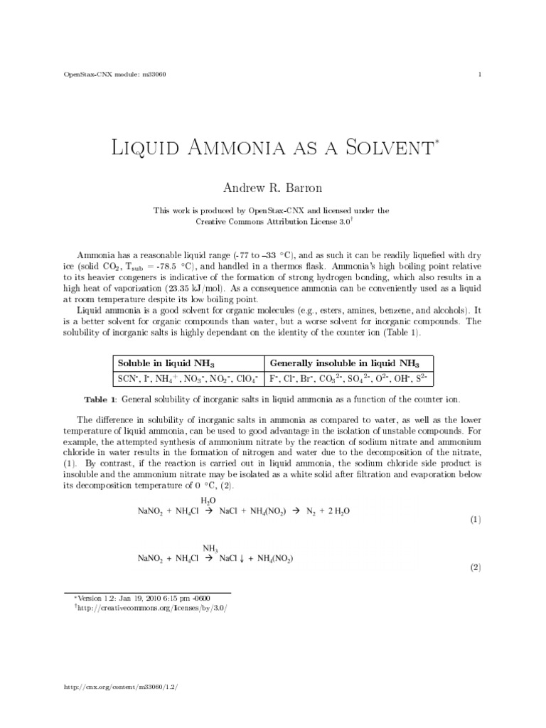 Liquid Ammonia as a Solvent | PDF | Ammonia | Solubility
