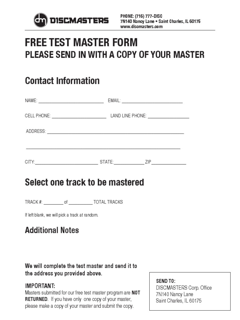 DiscMasters TestMaster Form | PDF | Cyberspace | Telecommunications