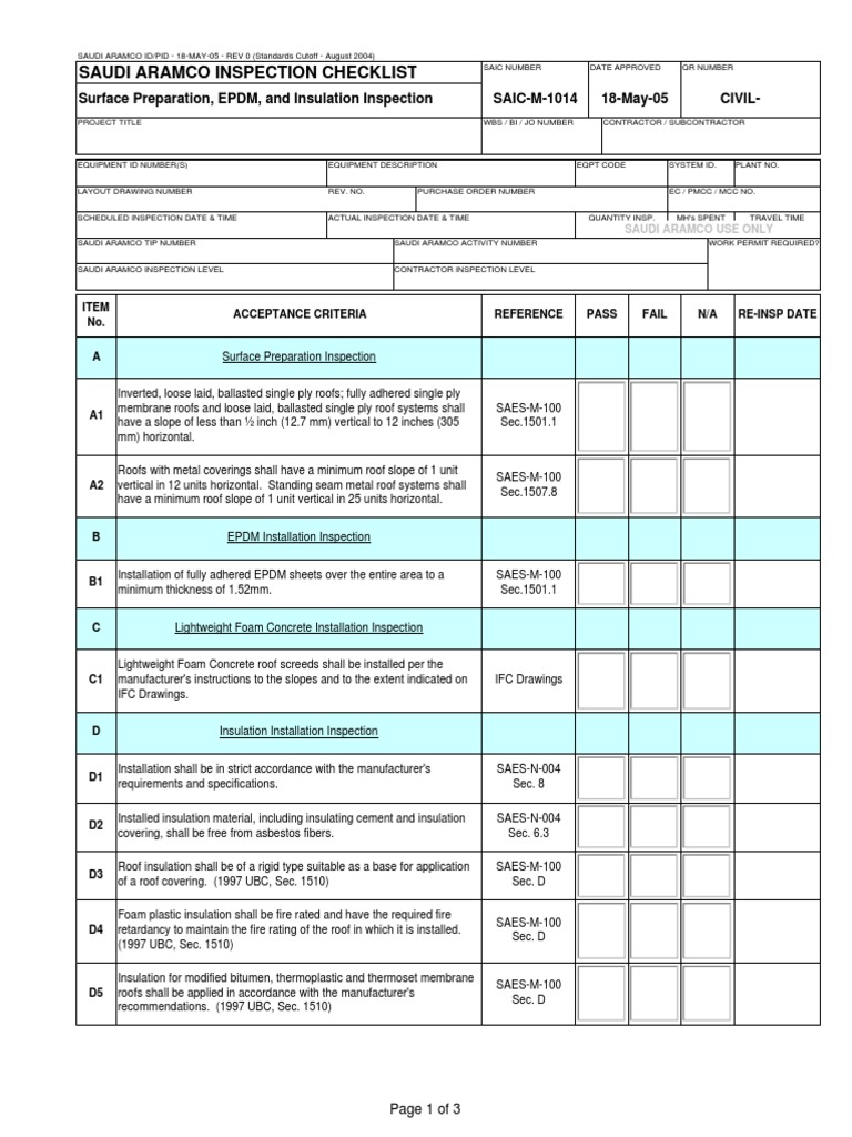 Saudi ARAMCO Inspection Checklist - SAIC-M-1014 PDF | PDF | Roof ...