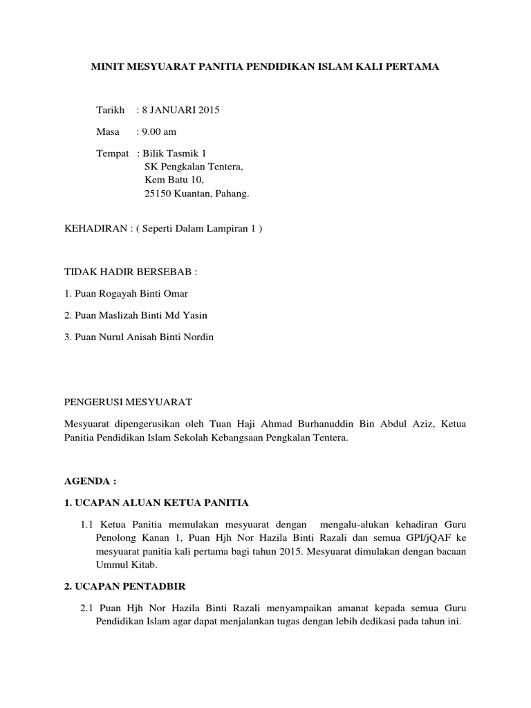 Minit Mesyuarat Panitia Pendidikan Islam Kali Pertama | PDF