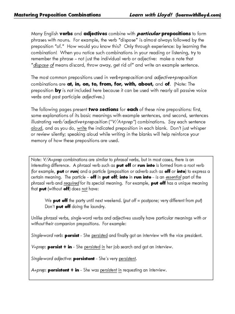 Prepositioncombinations PDF | PDF | Preposition And Postposition | Verb