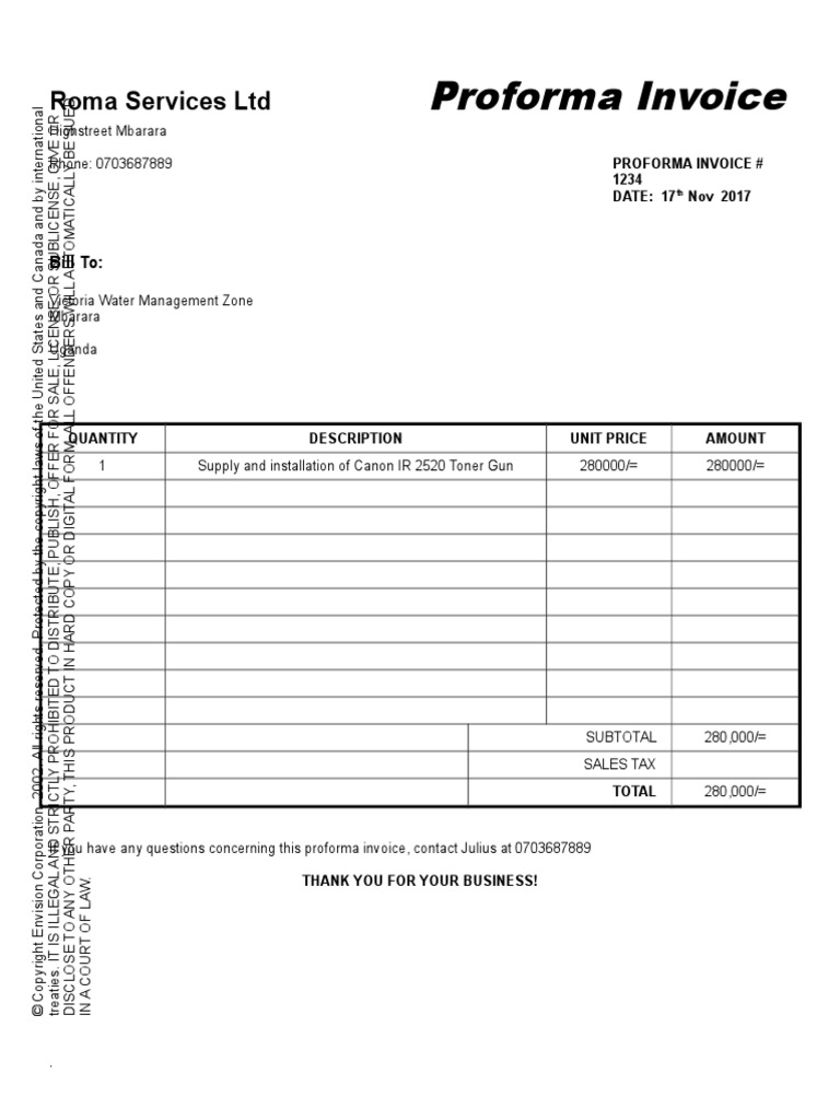Proforma Invoice For Roma Services | PDF | Invoice | Freedom Of ...