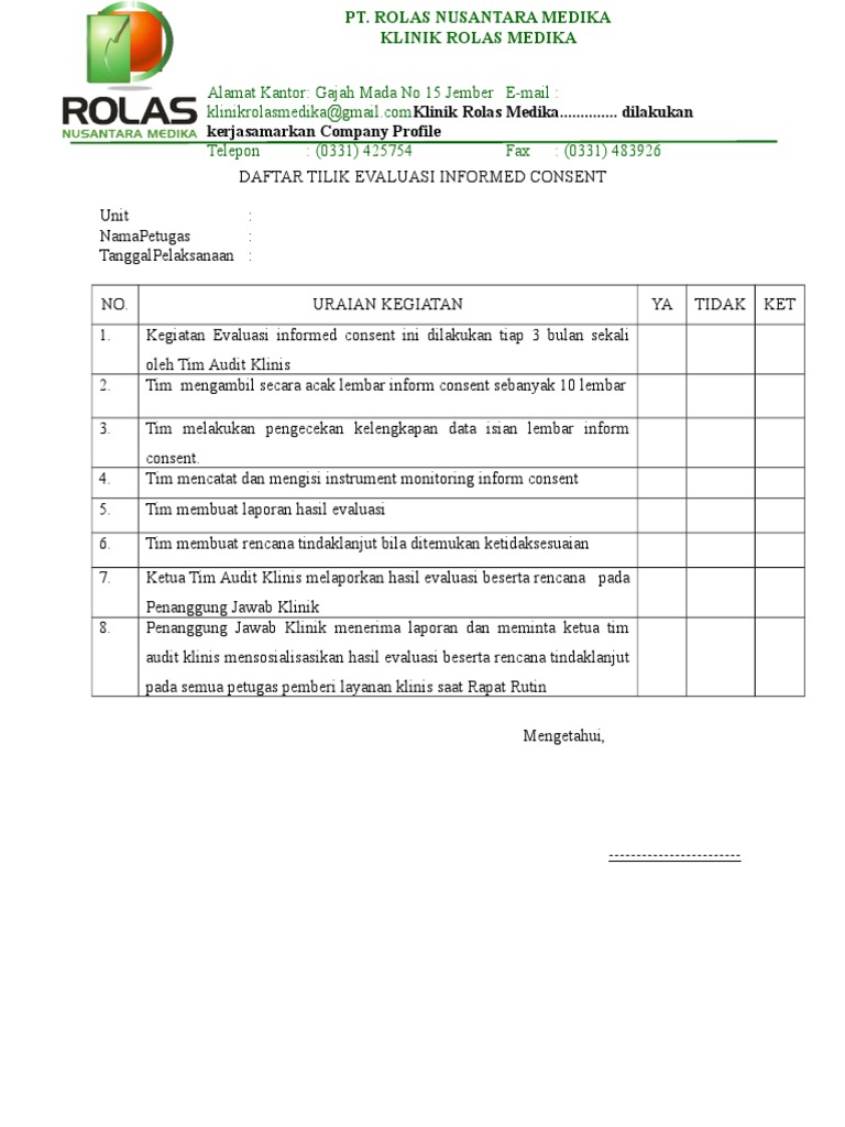 Daftar Tilik Sop Evaluasi Informed Consent | PDF