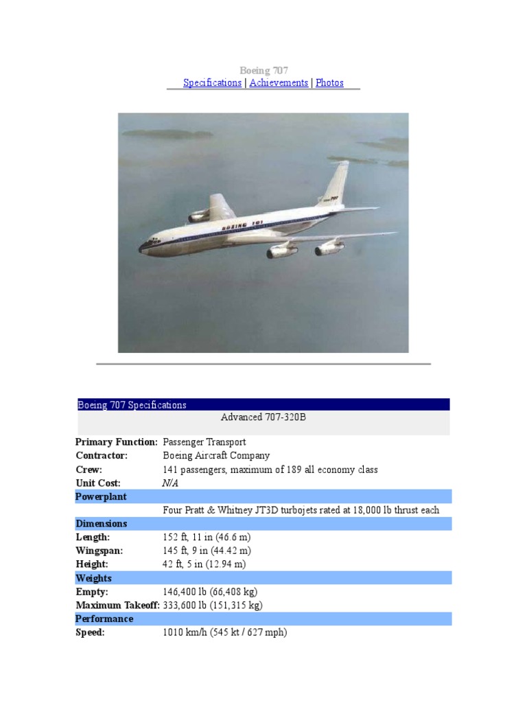 Specifications Achievements Photos: Boeing 707 | PDF | Technology ...