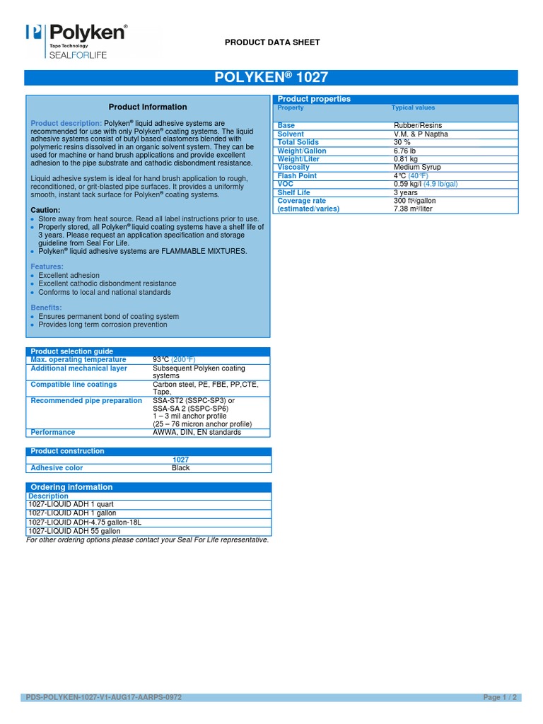 PDS-POLYKEN-1027-V1-AUG17 - AARPS-0972 Prymer | PDF | Polymers | Adhesive