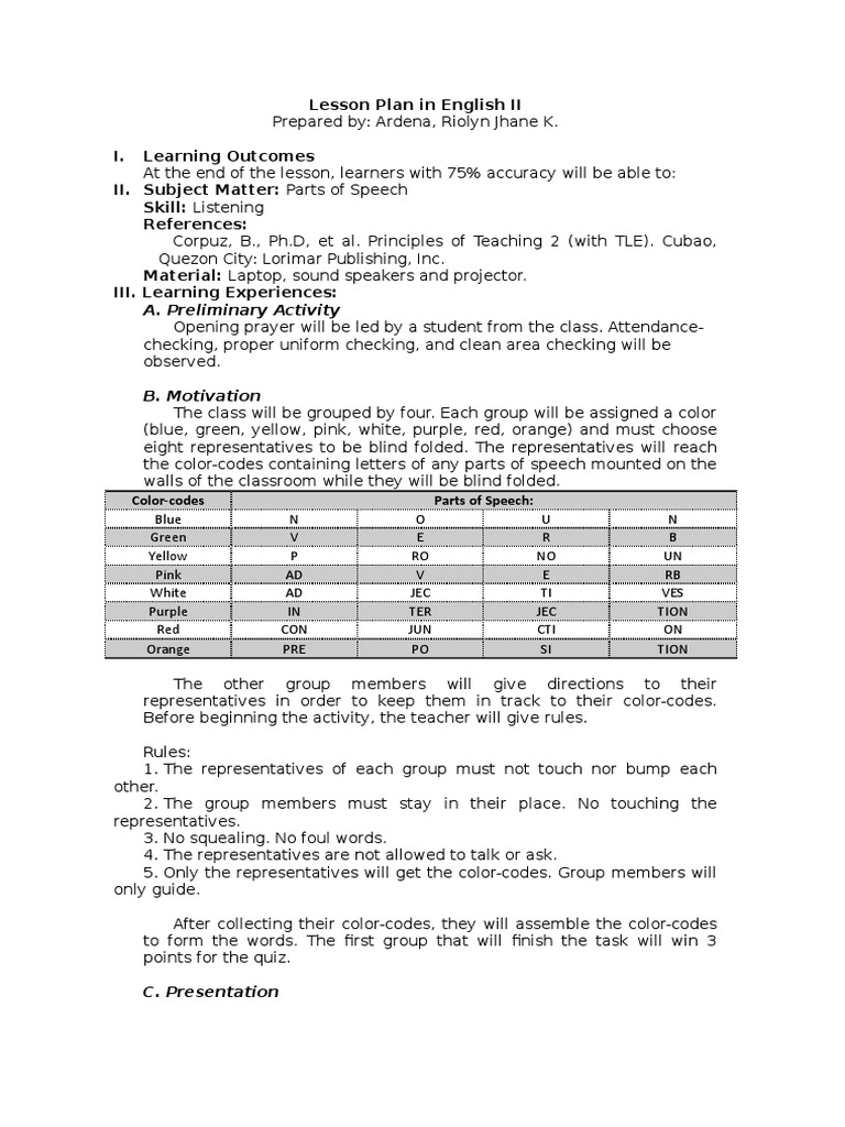 Lesson Plan in English II: A. Preliminary Activity | PDF | Part Of ...