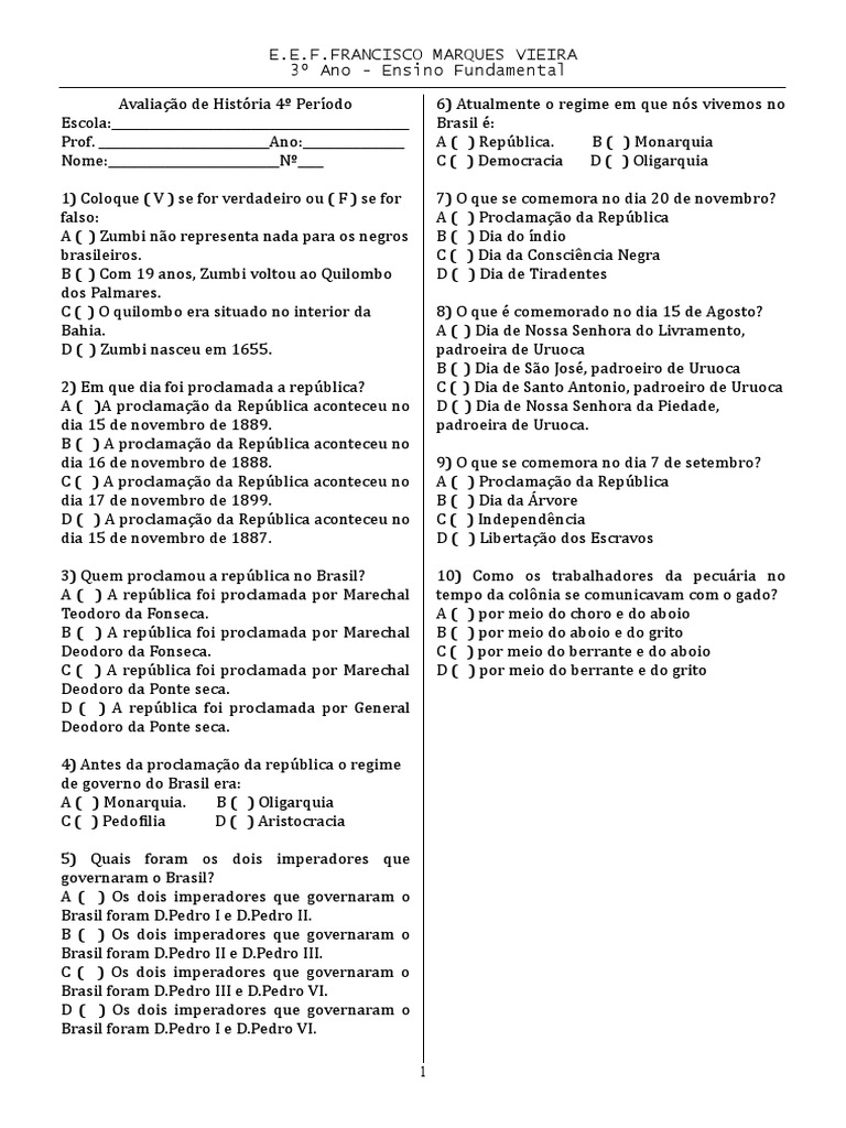 Avaliação de História e Geografia 3º Ano | PDF | Brasil | Governo