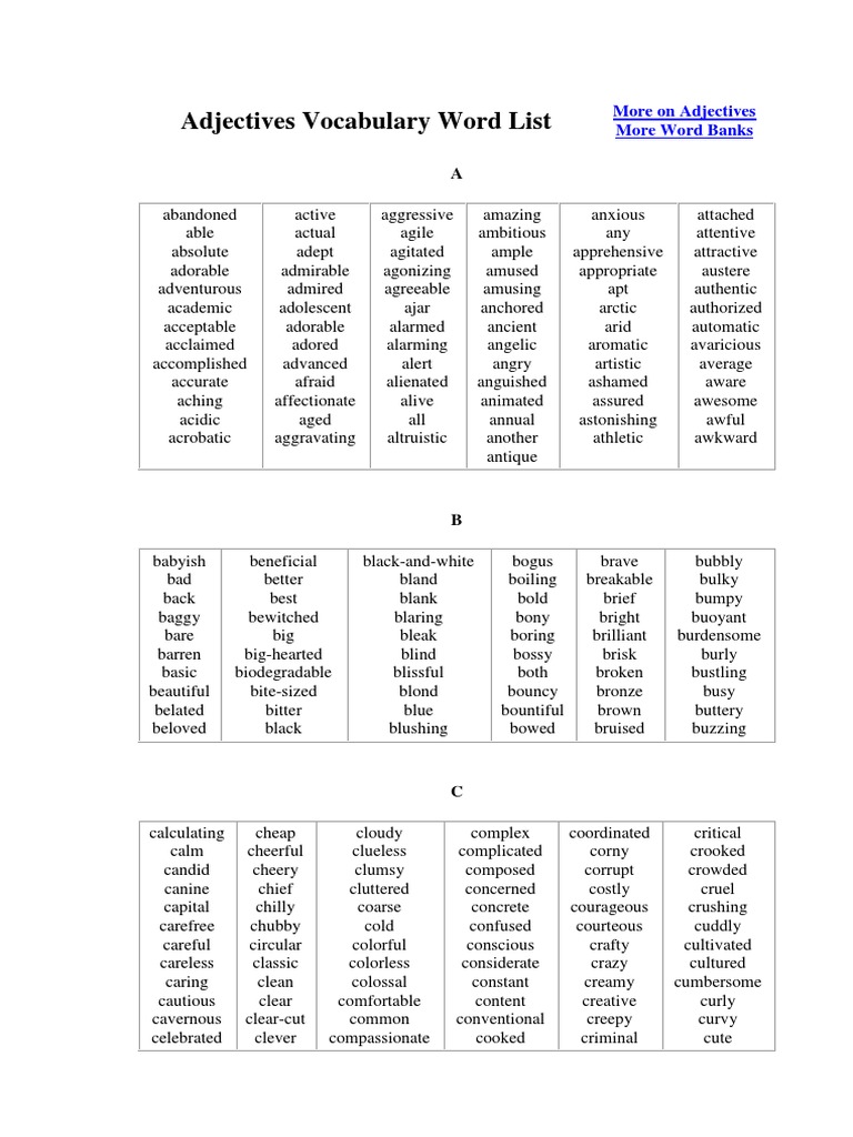 Adjectives Vocabulary Word List | Adjective | Noun