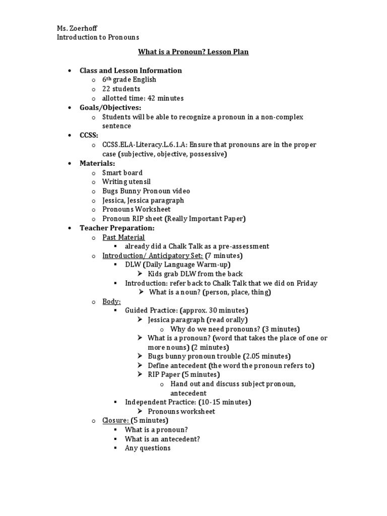 Pronoun Day 1 Lesson Plan | PDF | Pronoun | Style (Fiction)