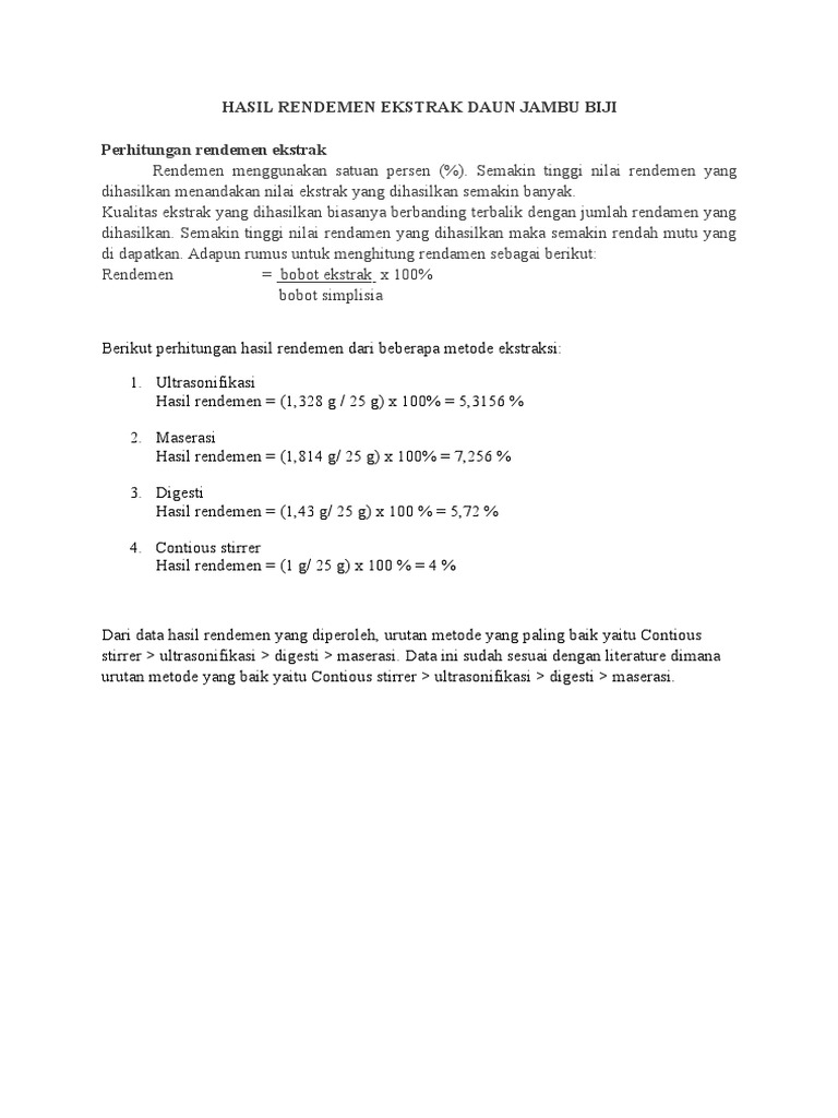 Hasil Rendemen Ekstrak Daun Jambu Biji | PDF