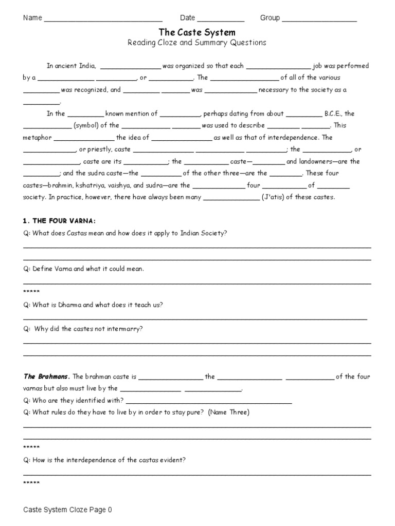 The Caste System-Reading Cloze | Download Free PDF | Caste | Indian ...