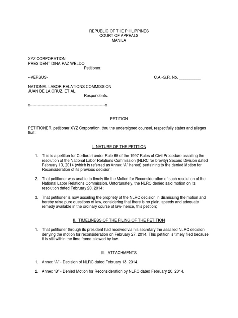 Sample_Certiorari Rule 65 | Government | Politics