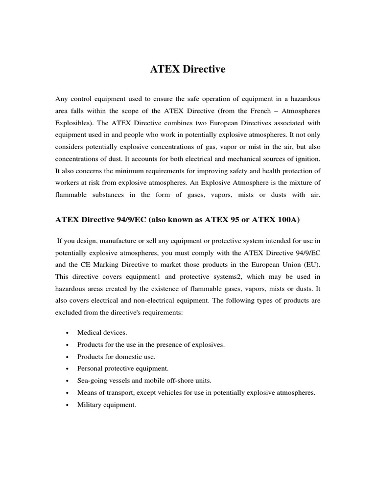 ATEX Directive: ATEX Directive 94/9/EC (Also Known As ATEX 95 or ATEX ...