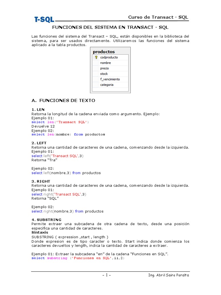 Funciones de Texto en Transact-SQL | PDF | SQL | Cadena (informática)