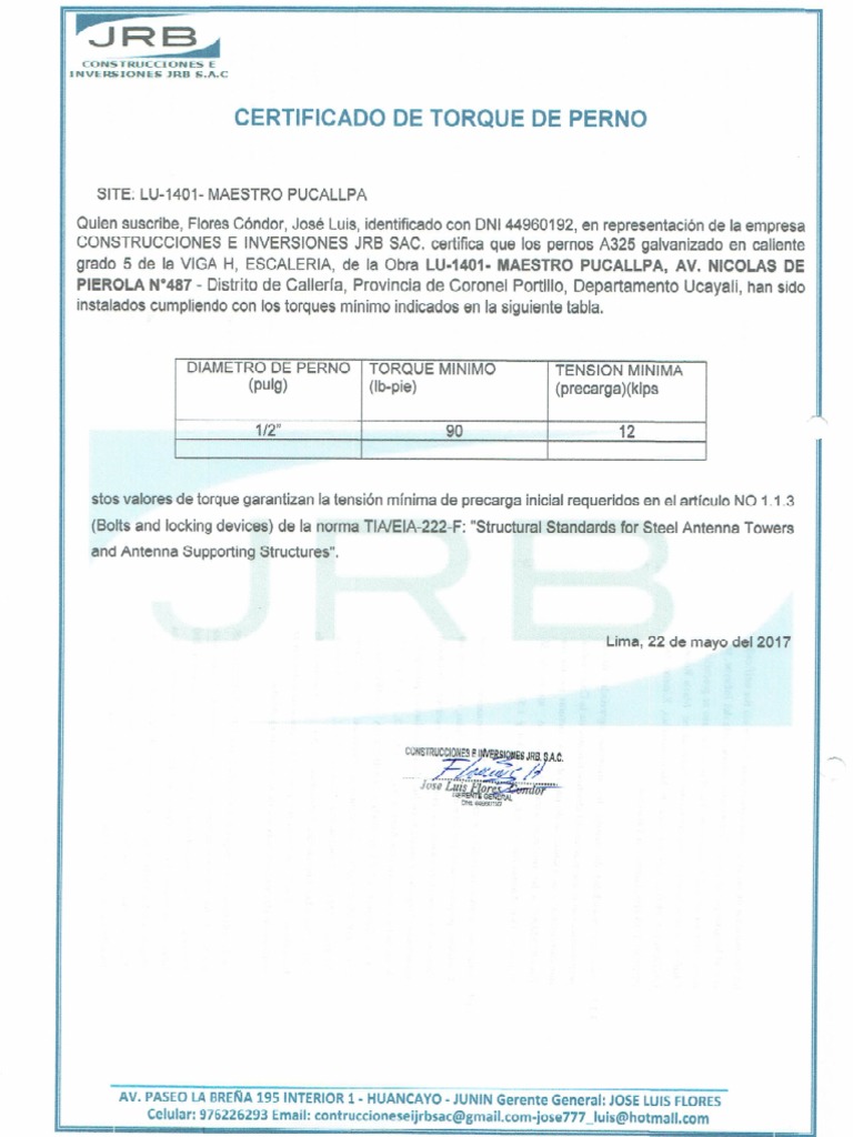 Certificado de Torque de Perno | PDF