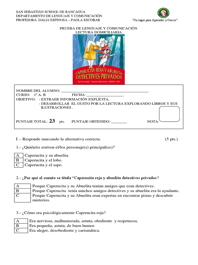 Lenguaje 1º Prueba Lectura Caperucita Roja y Abuelita Detectives ...