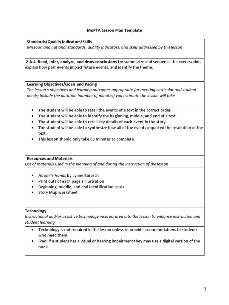 Mopta Lesson Plan Template Standards/Quality Indicators/Skills | PDF ...