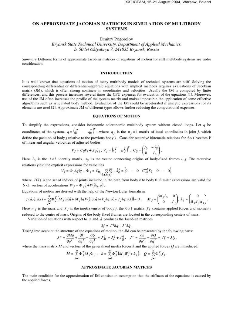On Approximate Jacobian Matrices In Simulation Of Multibody Systems Pdf Matrix Mathematics