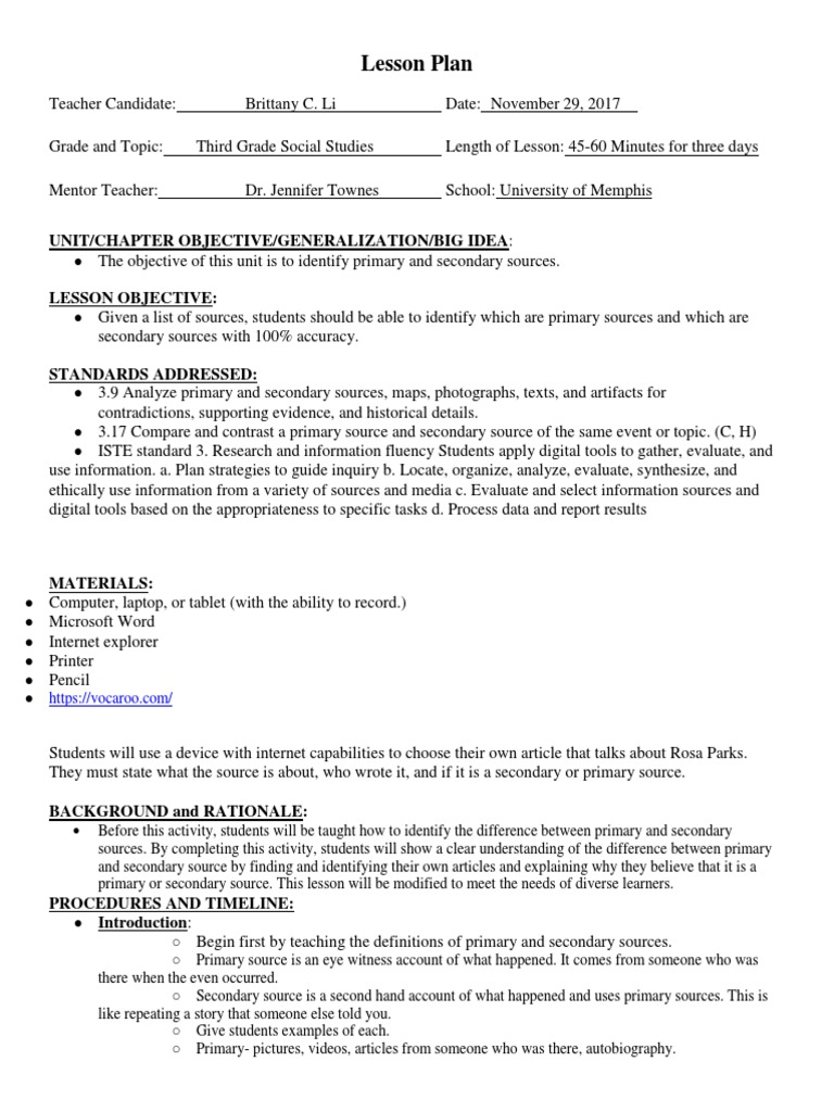 Edtpa Lesson Plan 1 Autosaved 1 | PDF | Primary Sources | Lesson Plan
