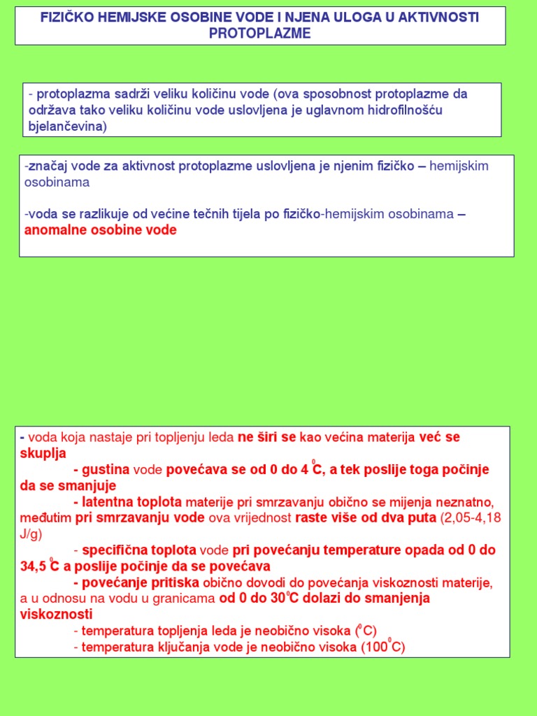 Fizičko Hemijske Osobine Vode I Njena Uloga U Aktivnosti Protoplazme | PDF