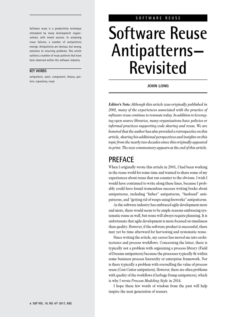 ASQ SQP Software-reuse-Antipatterns-revisited 2017 SET 12P | PDF | Reuse | Component Based ...