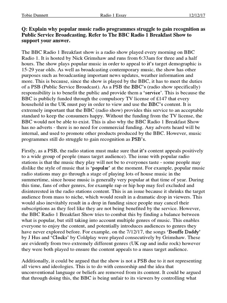 Radio 1 PSB Essay Word | PDF | Bbc | Public Broadcasting