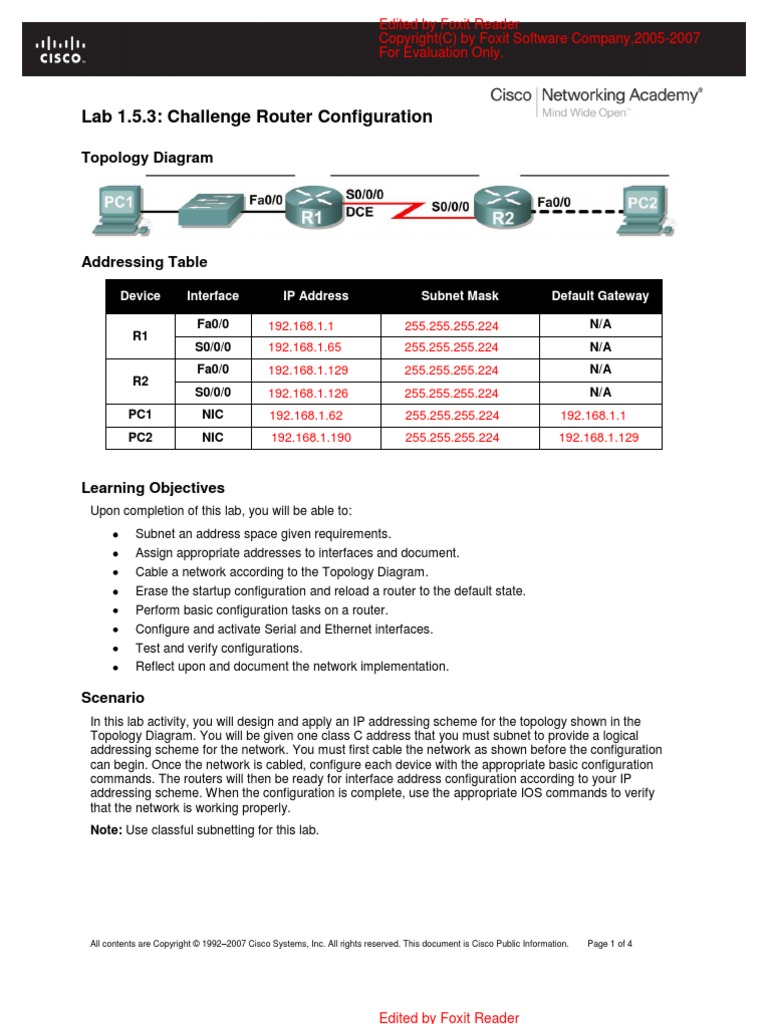 Lab 1.5.3: Challenge Router Configuration: Topology Diagram | PDF | Router (Computing) | Ip Address