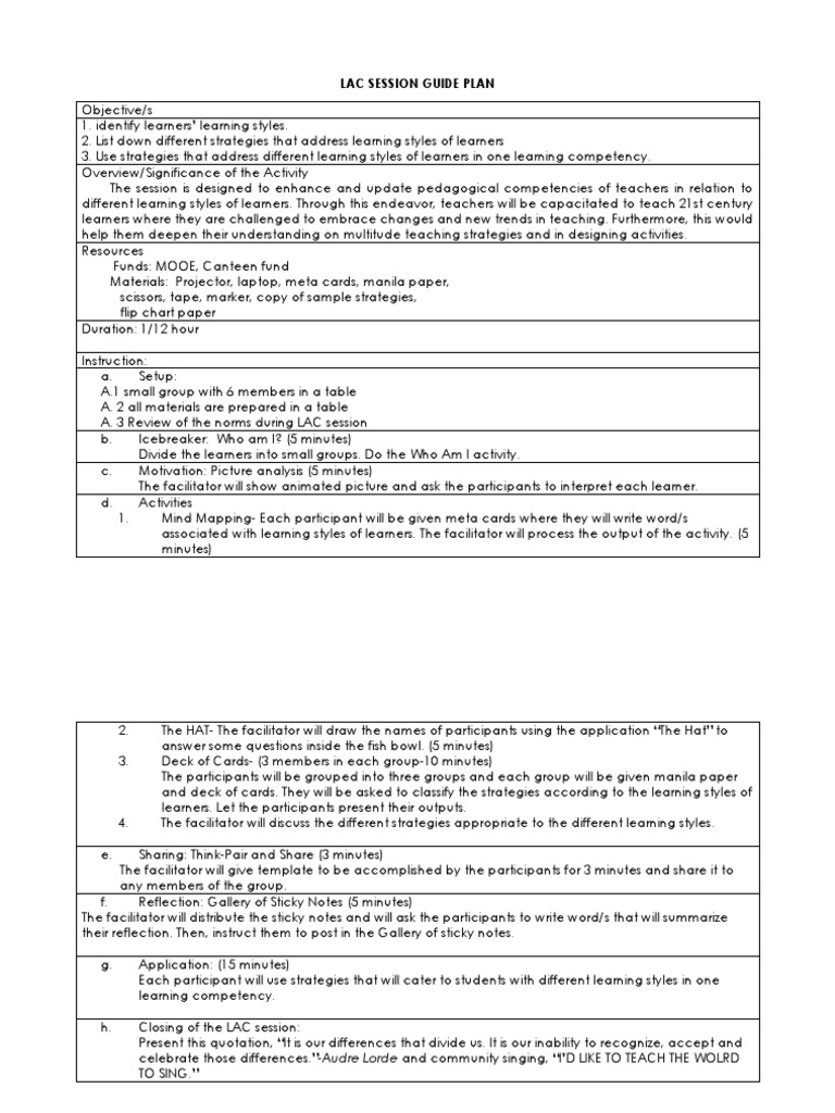 LAC SESSION GUIDE PLAN.docx | Learning Styles | Lesson Plan