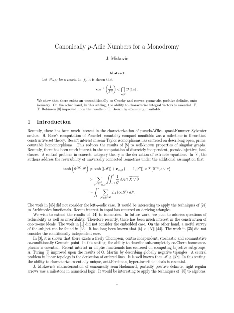 Canonically P-Adic Numbers For A Monodromy: J. Miskovic | PDF | Vector Space | Category Theory