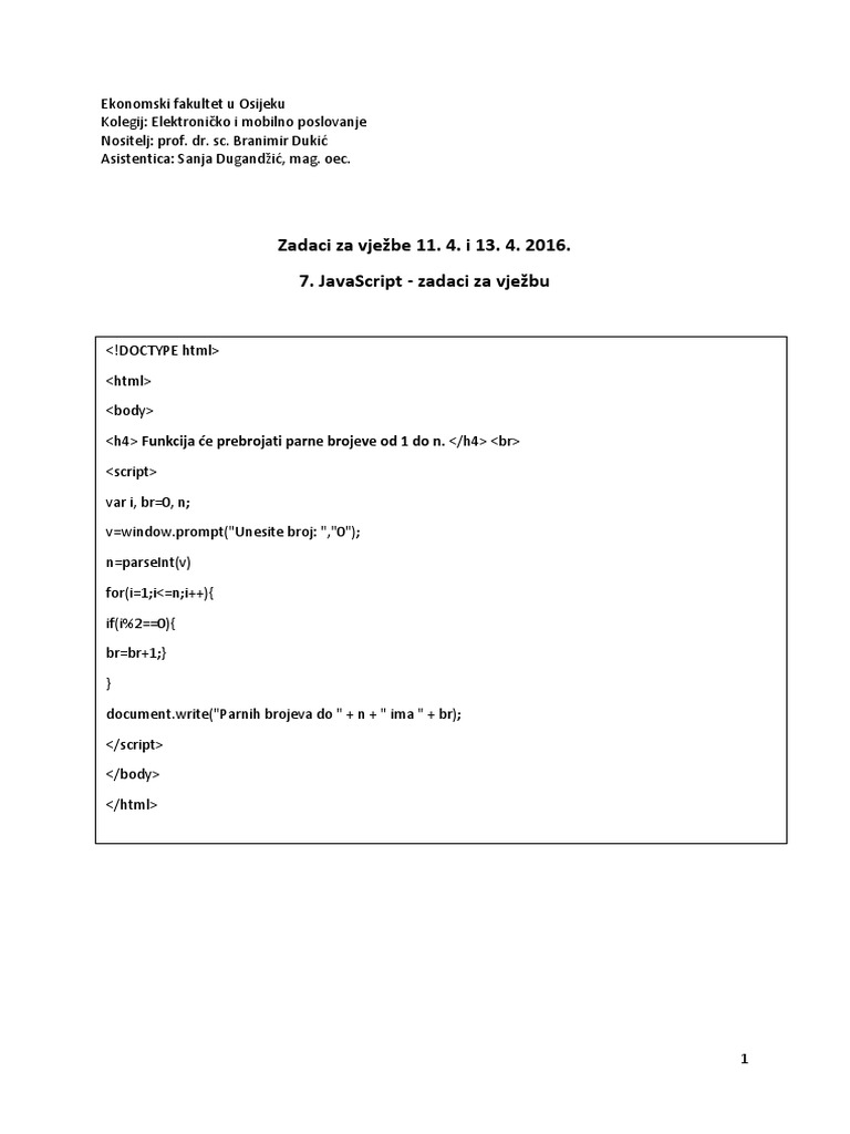 EMP 2016 Javascript Vježbe | PDF