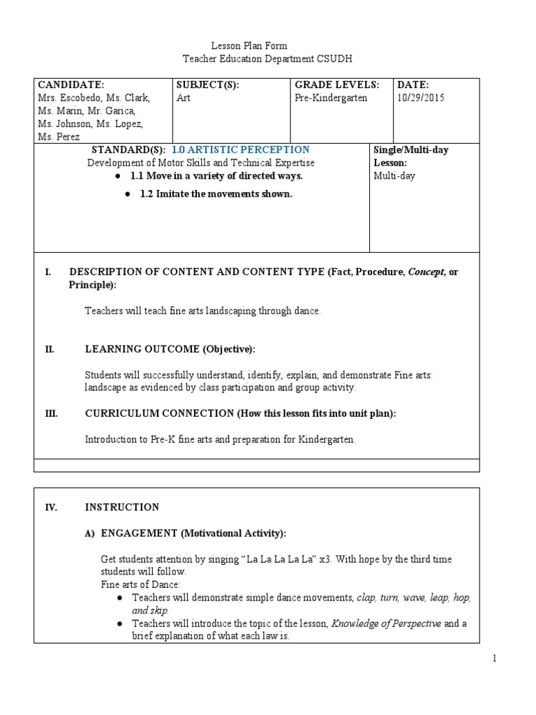 Lesson Plan of Dance Class | PDF | Lesson Plan | Educational Assessment