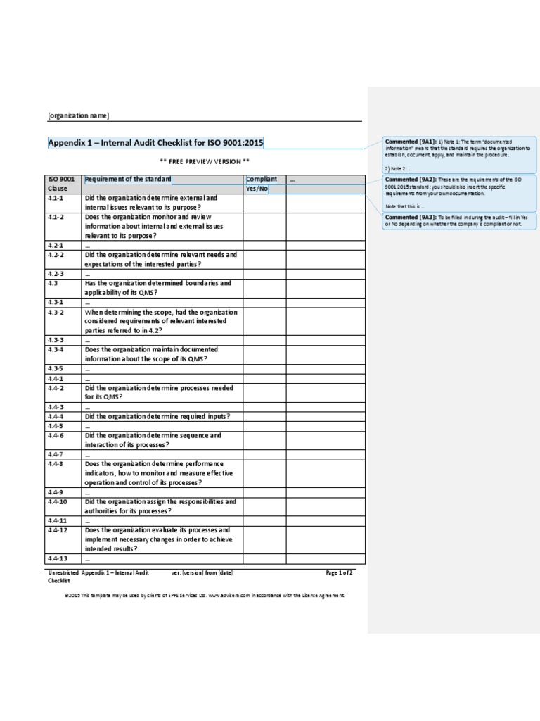 15.1 Appendix 1 Internal Audit Checklist Preview en | PDF | Quality ...