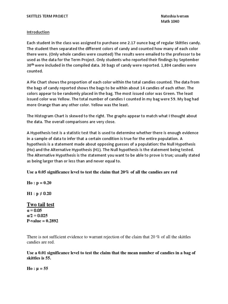Skittles Term Project Natoshia Iversen Math 1040: Two Tail Test | PDF ...