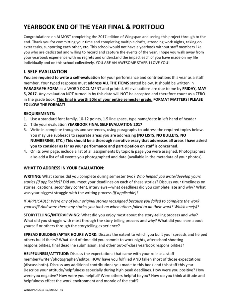 Yearbook Self Evaluation s2 15 | PDF | Storytelling | Photograph