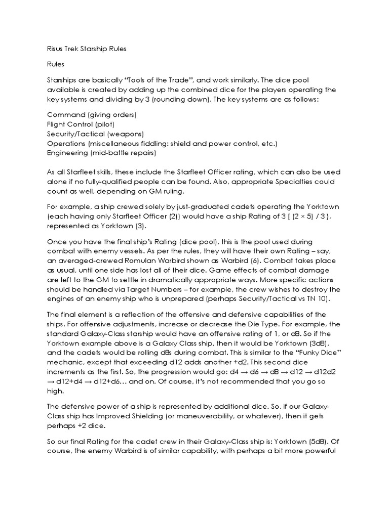 Risus Trek Starship Rules | PDF | Starfleet | Ships