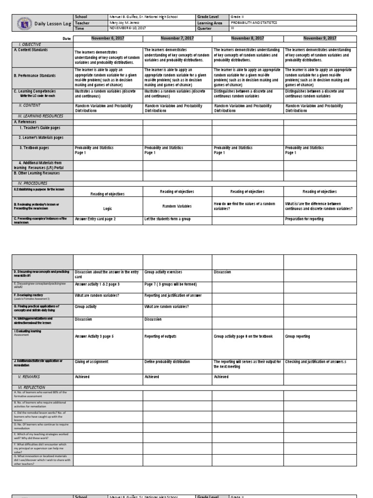 Daily Lesson Log Probability and Statistics | Download Free PDF ...
