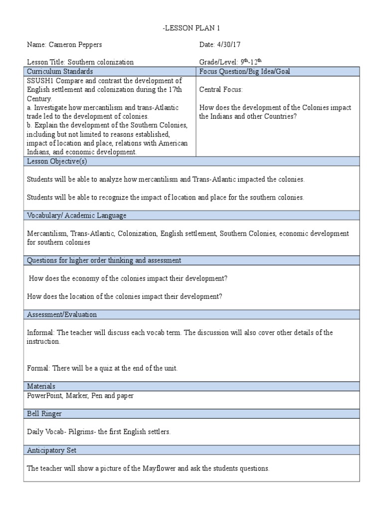 Southern and Northern Colonization Lessons | PDF | American Revolution ...