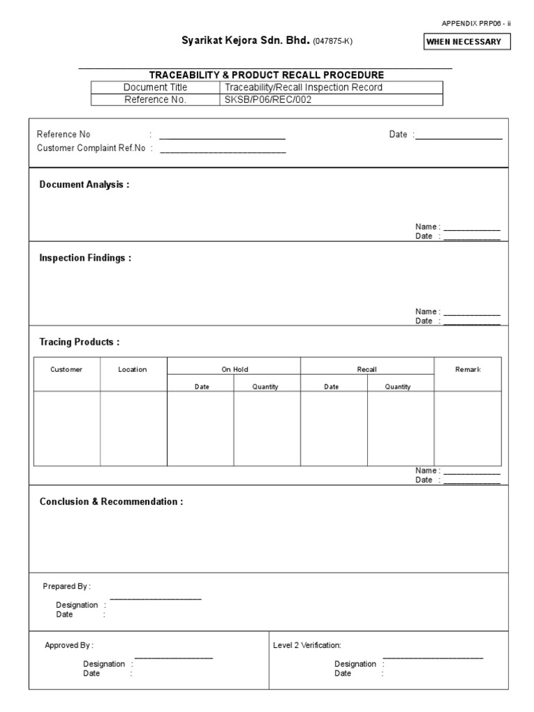 Syarikat Kejora Sdn. BHD: Document Title Traceability/Recall Inspection ...