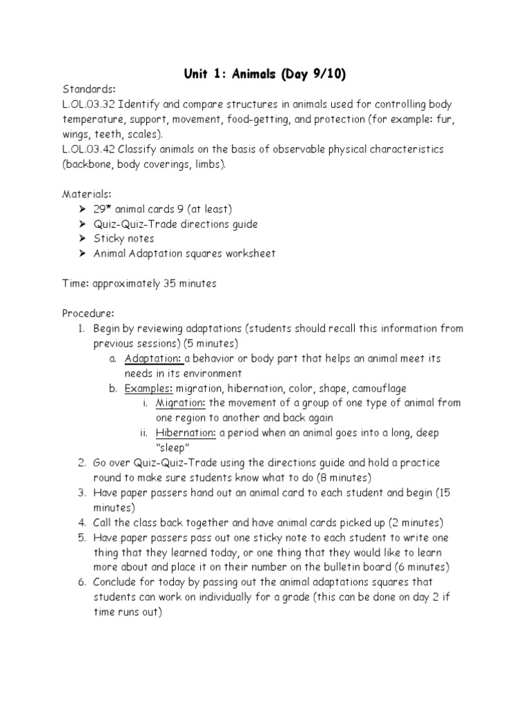 Animal Adaptations Lesson Plan | PDF | Science & Mathematics