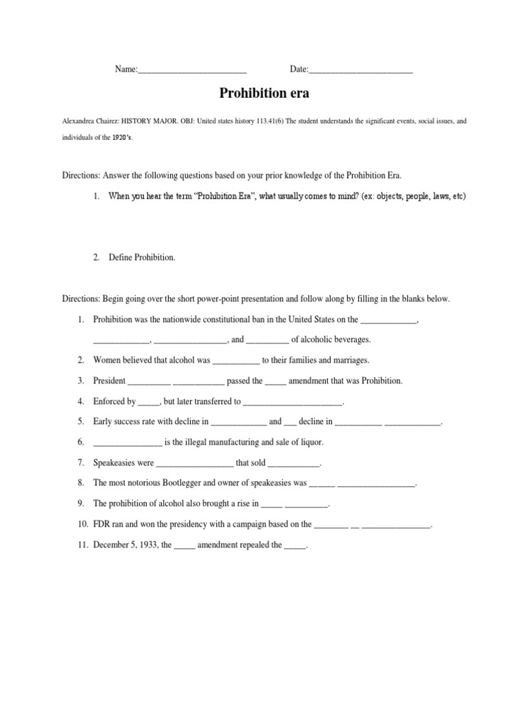 Prohibition Worksheet 1 | PDF | Politics