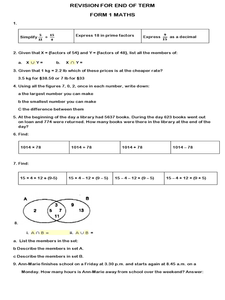 Revision for Form 1 Maths Exams 2017 Term 1