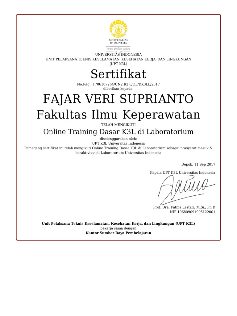Sertifikat K3l Laboratorium Pdf