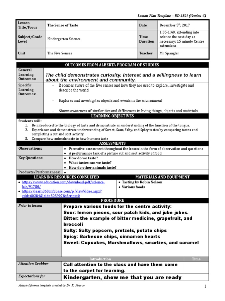 Sense of Taste Lesson Plan | PDF | Taste | Senses