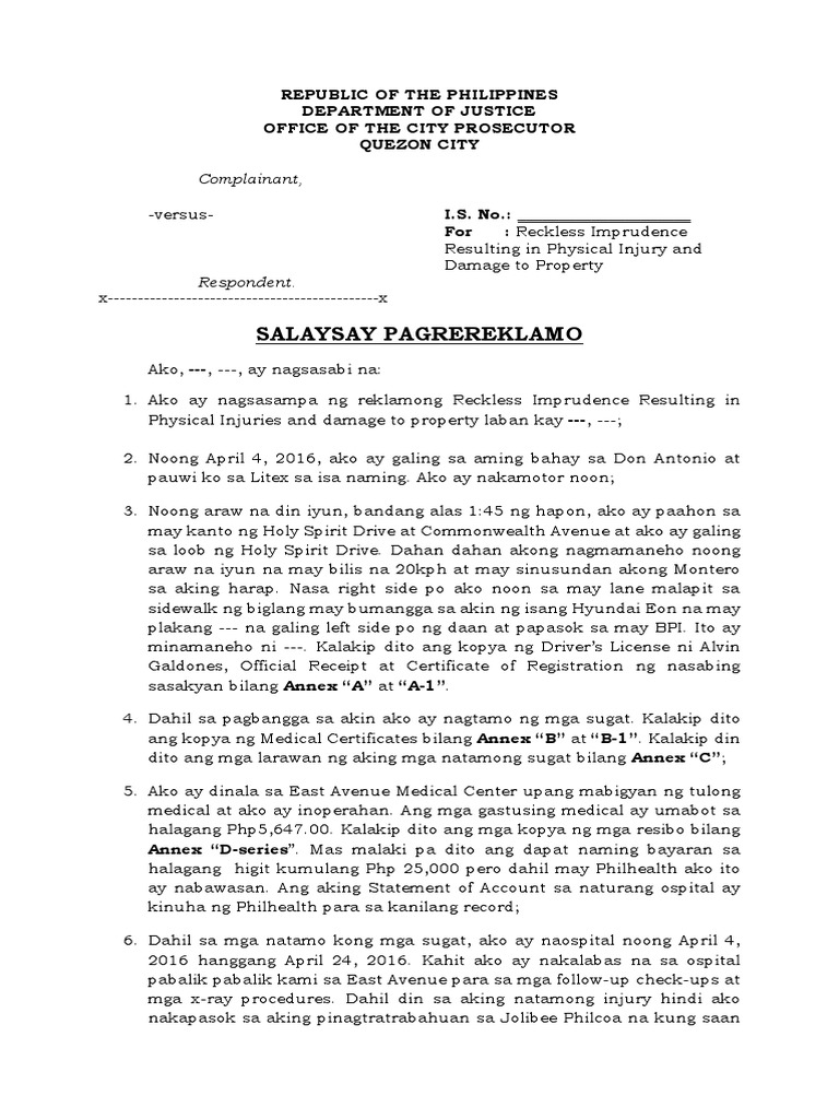 Complaint For Reckless Imprudence | PDF