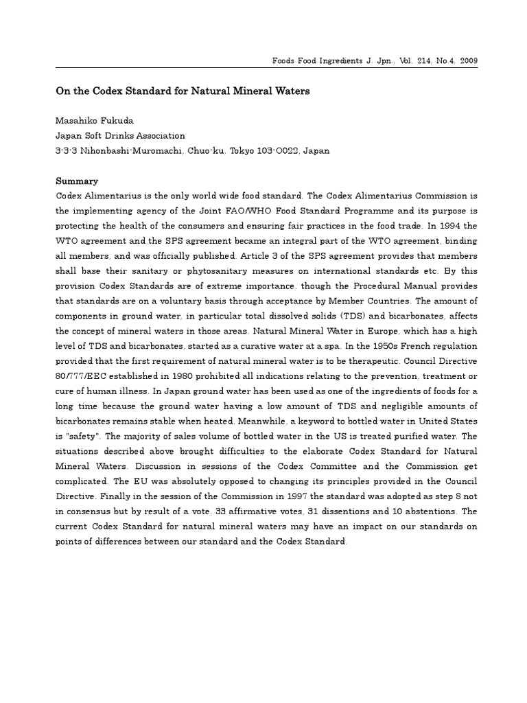 On The Codex Standard For Natural Mineral Waters: Foods Food ...