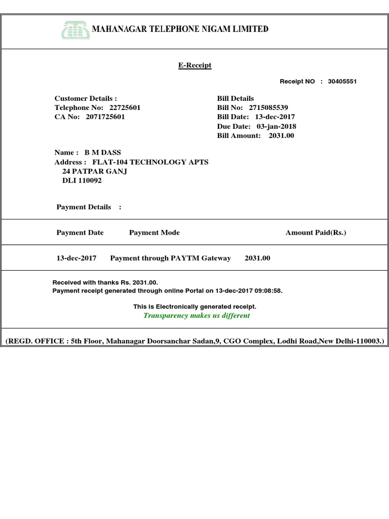 MTNL Bill Payment Nov-Dec'17 | PDF