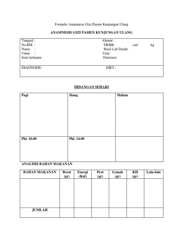 Formulir Anamnesis Gizi Pasien Kunjungan Ulang | PDF