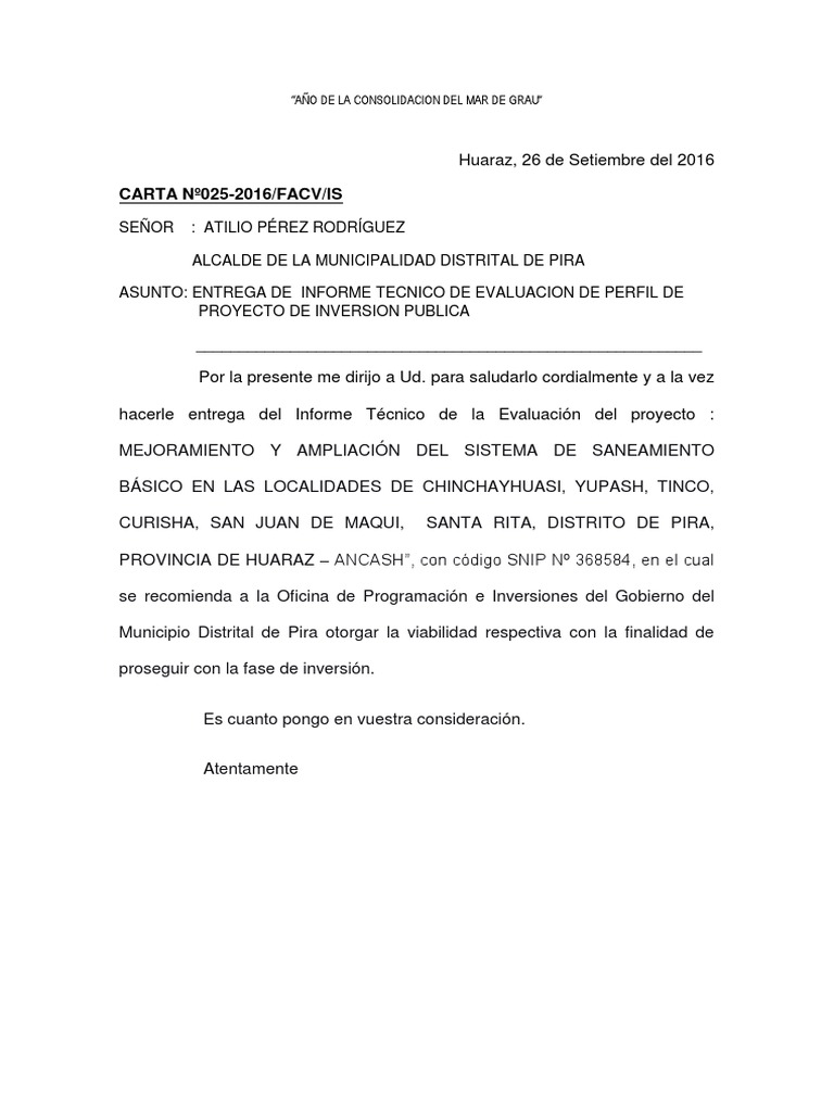 Carta de Entrega de Informe Tecnico | PDF