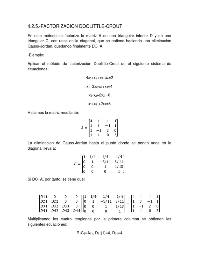 Factorizacionde Doolittle Crout | PDF | Factorización | Matriz (Matemáticas)