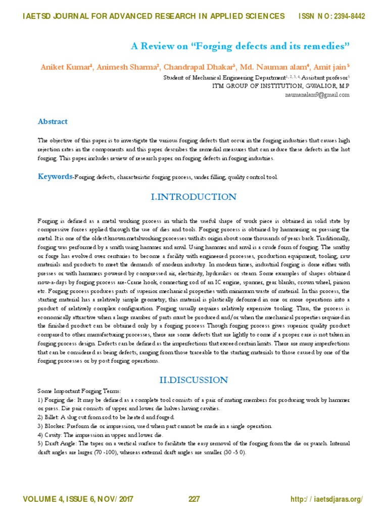 A Review On "Forging Defects and Its Remedies"-Http://iaetsdjaras - Org ...
